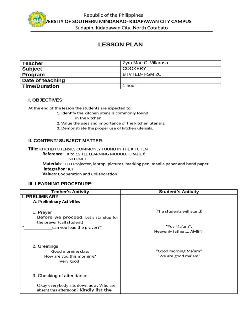 Maam Phoebe Final Lesson Plan | PDF | Spoon | Kitchen Utensil