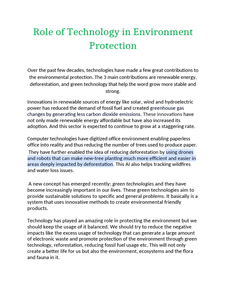 Role of Technology in Environment Protection Essay | PDF
