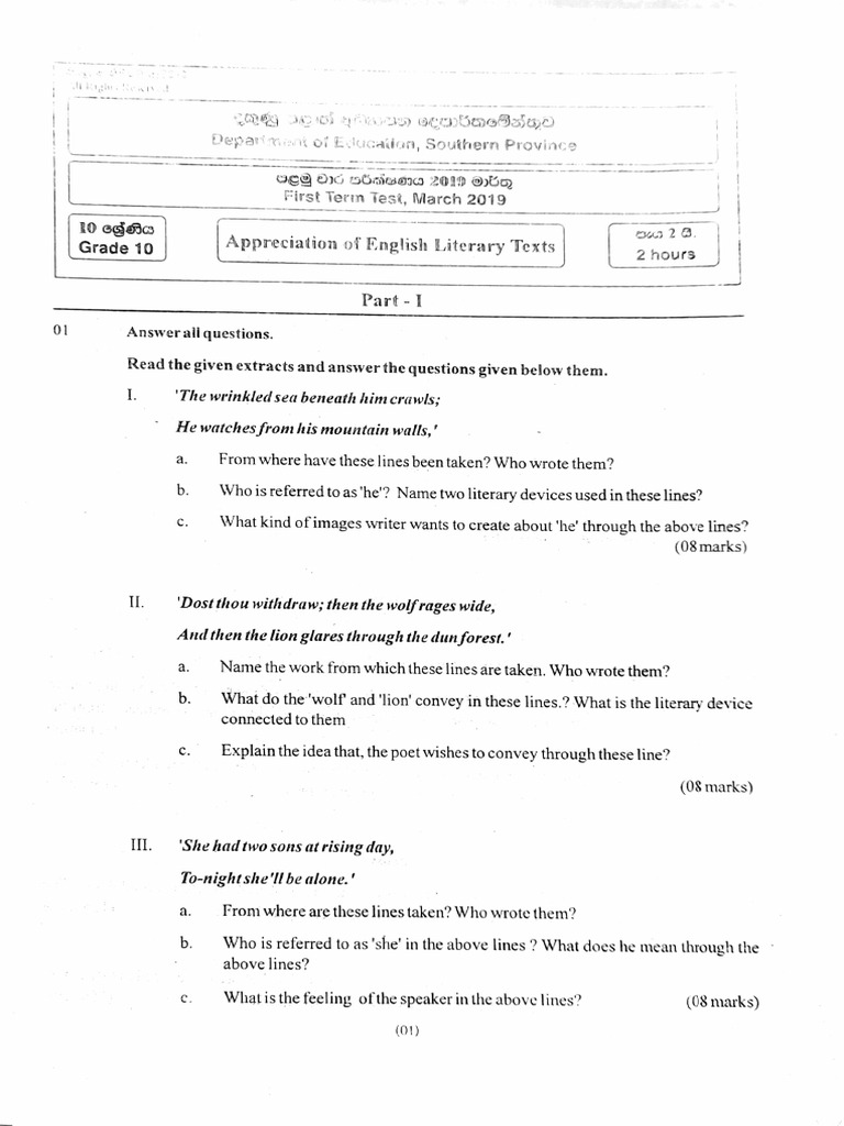 Grade 10 English Literature Test Paper | PDF