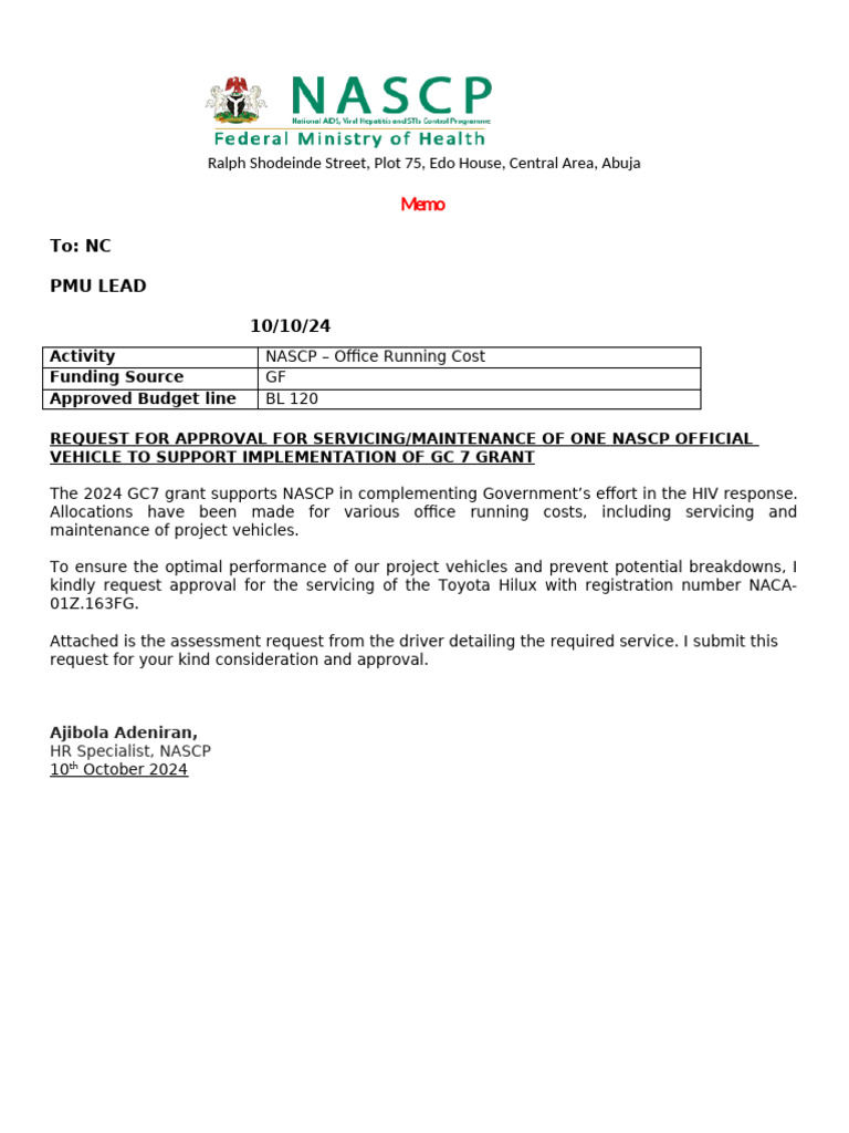 Memo for service of vehicle | PDF