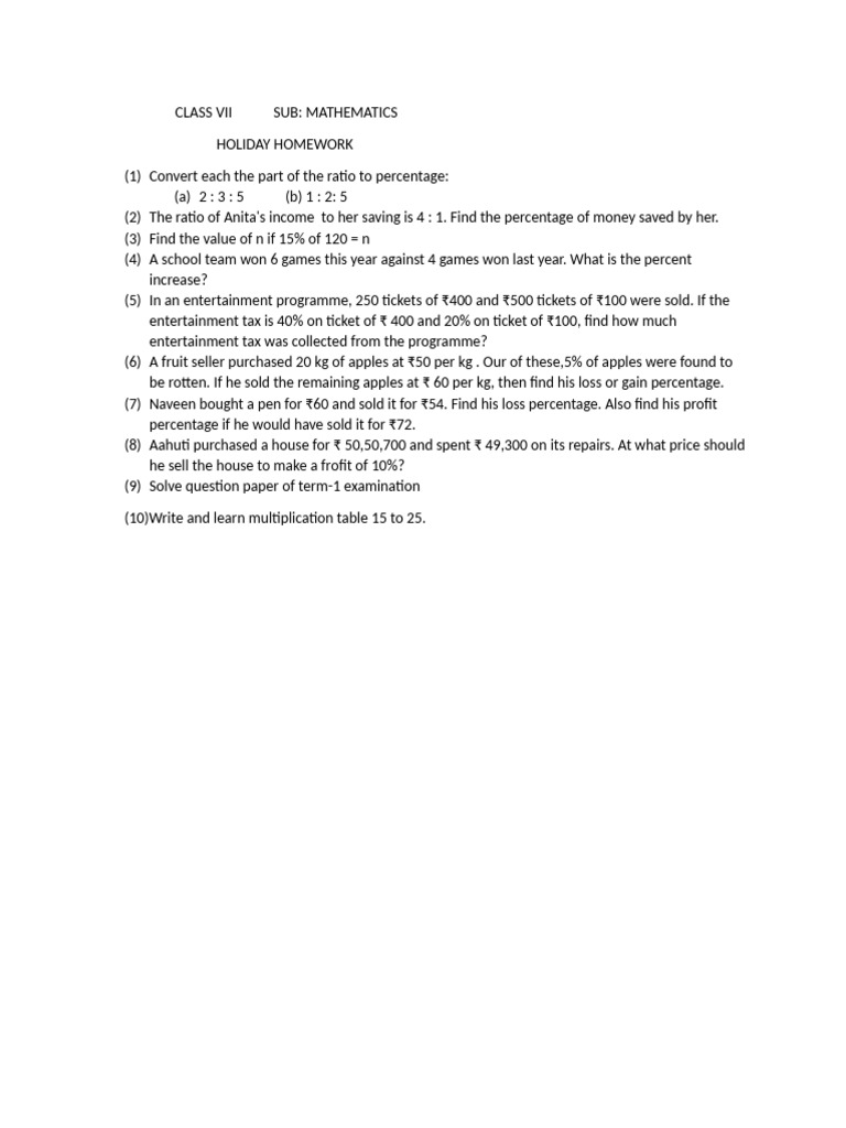 Class VII Mathematics Holiday Homework | PDF | Sports & Recreation ...