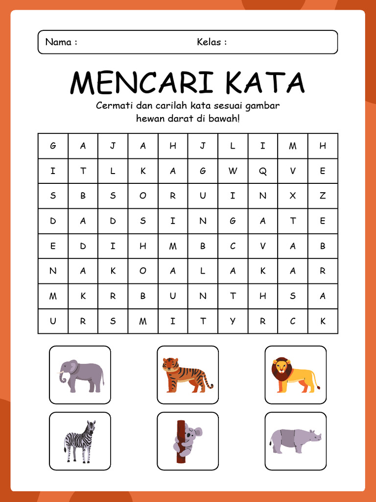 Lembar Kerja Mencari Kata Tema Hewan Darat Oranye Ilustrasi Sederhana ...