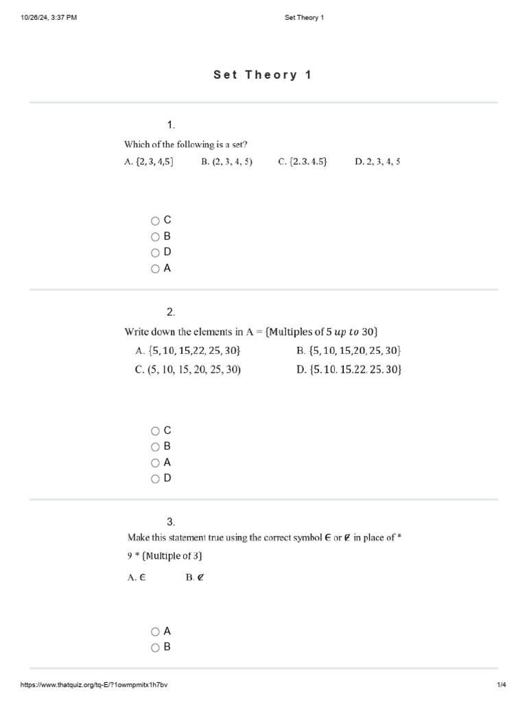 Set Theory Quiz Answers | PDF