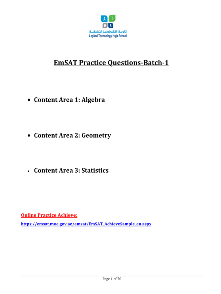 EmSAT Practice Questions-Batch-1-A.K | PDF | Circle | Euclidean Vector