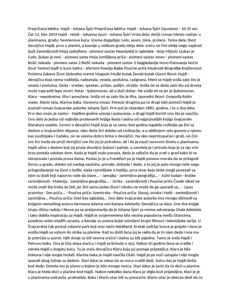 Prepričana Lektira Hajdi | PDF