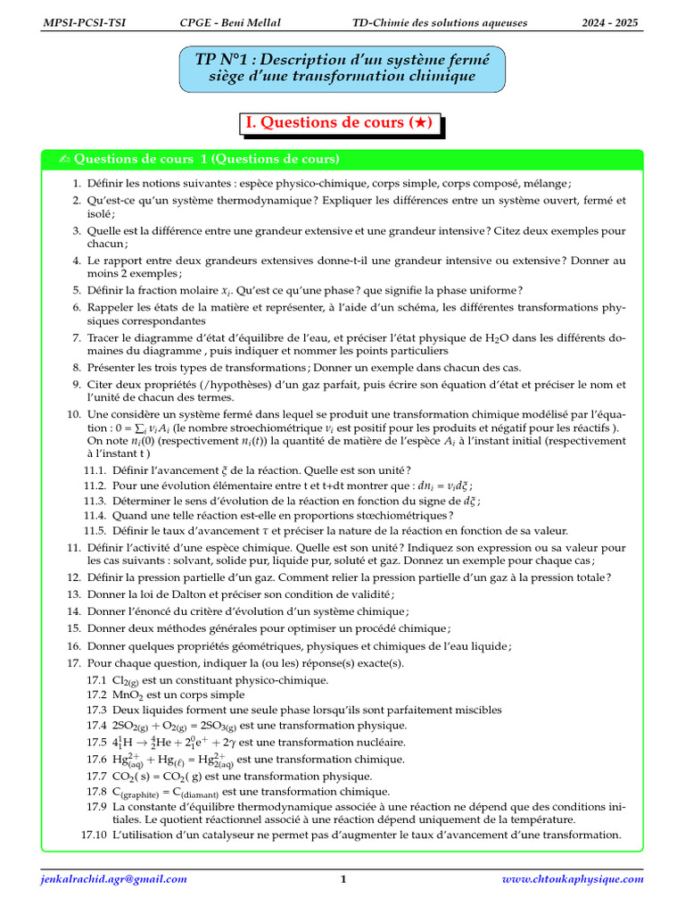 Système fermé en transformation chimique | PDF | Équilibre chimique ...