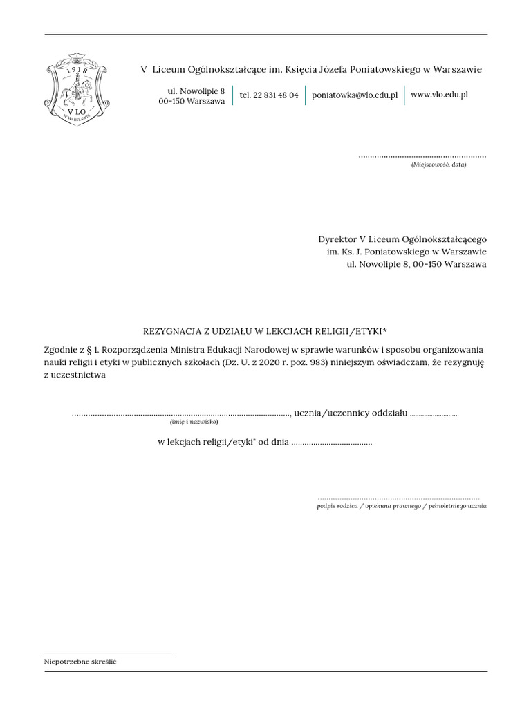VLO Rezygnacja Religia Etyka | PDF