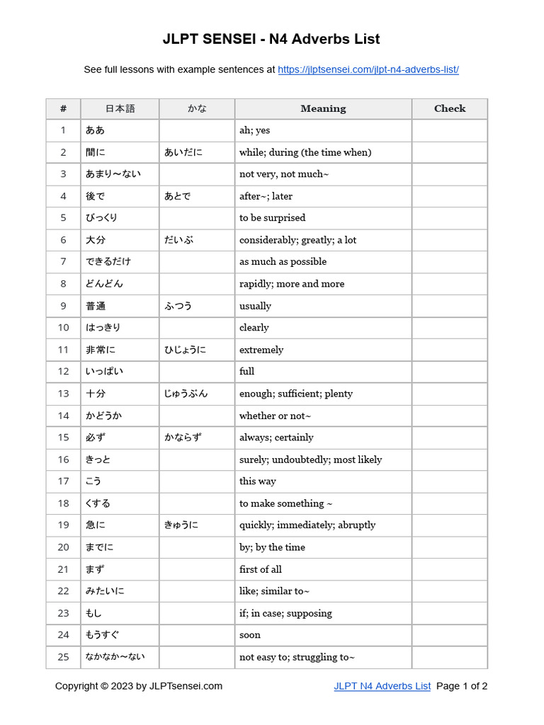 N4 Vocabulary - Adverbs List | PDF | Syntax | Languages