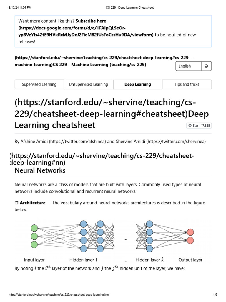 Cs 229 Deep Learning Cheatsheet Pdf Artificial Neural Network Deep Learning 