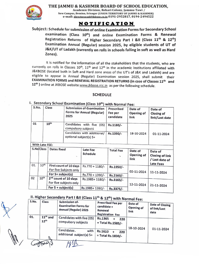 J&K Class 10-12 Exam Form Submission 2025 | PDF
