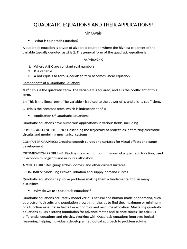 Quadratic Equations and Their Applications | PDF | Equations ...