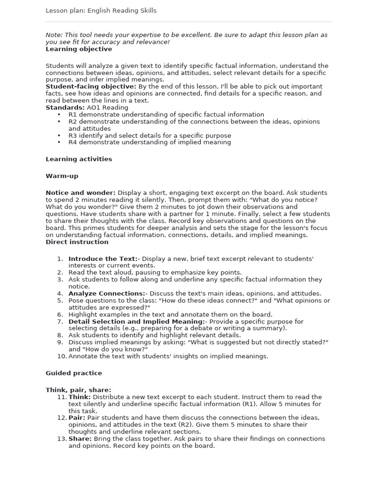 Lesson plan_ English Reading Skills | PDF | Information | Cognition
