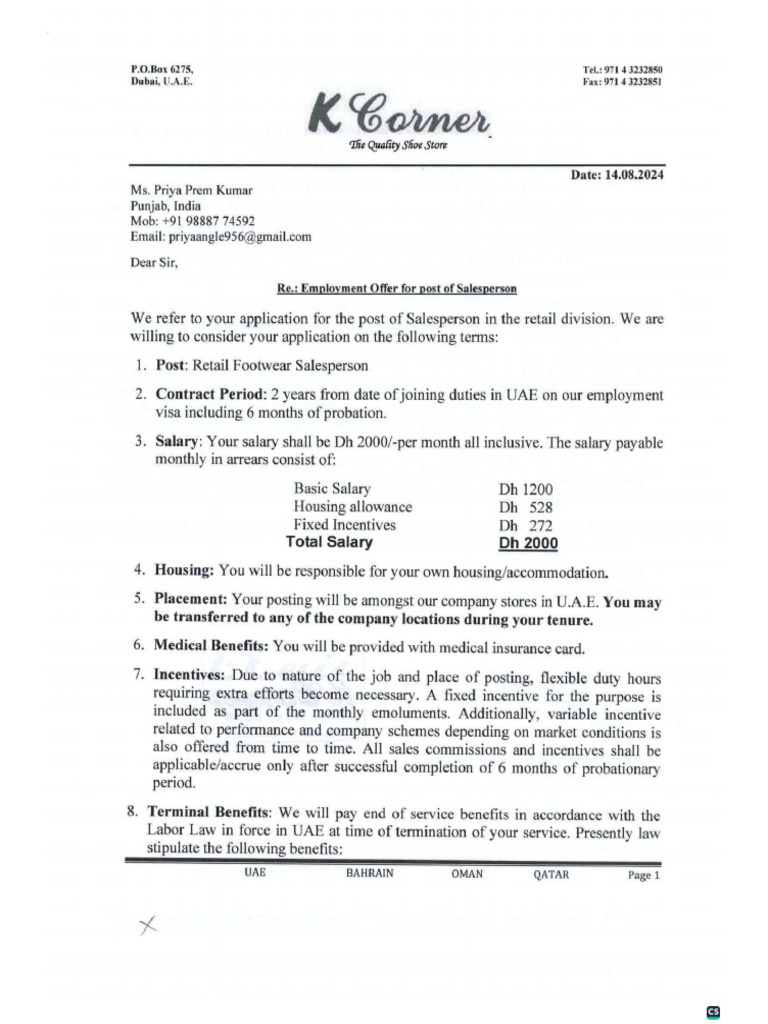 Job Offer - Priya | PDF