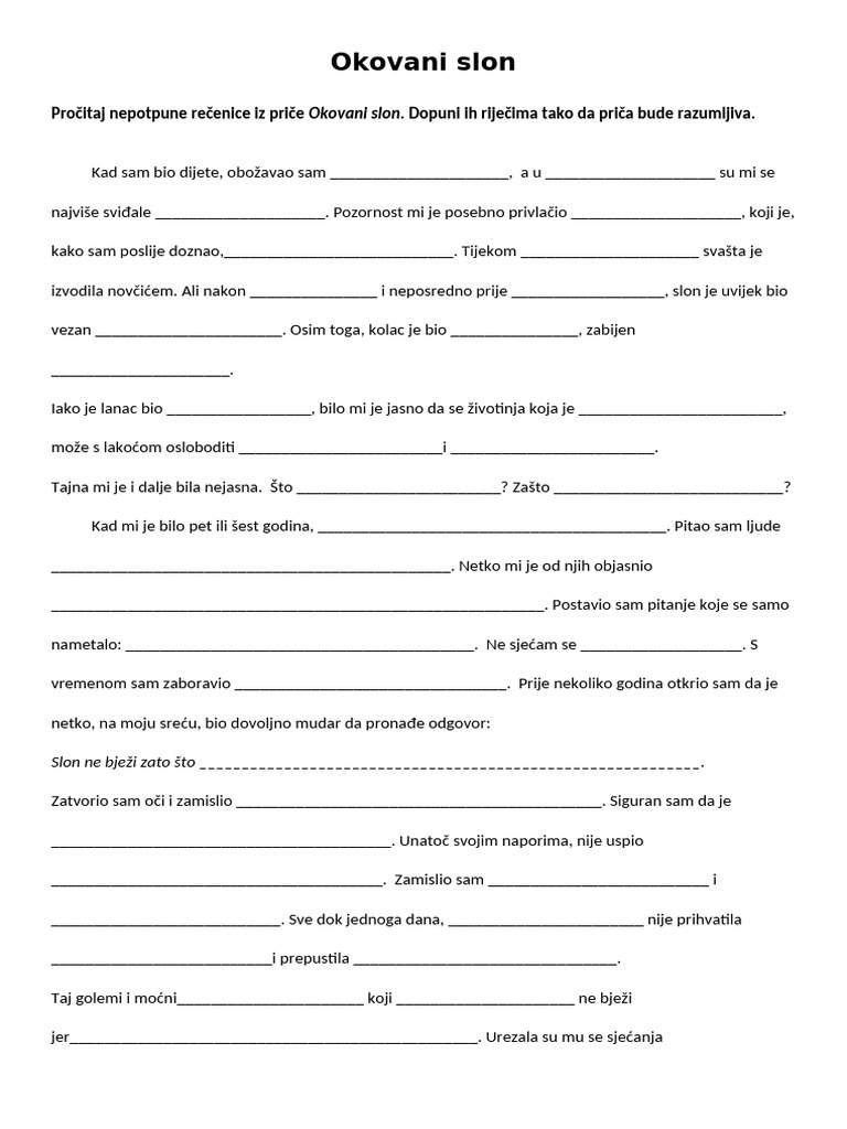 Pisanje Sastavka Stvaram Okovani Slon - Vjezba 3 | PDF