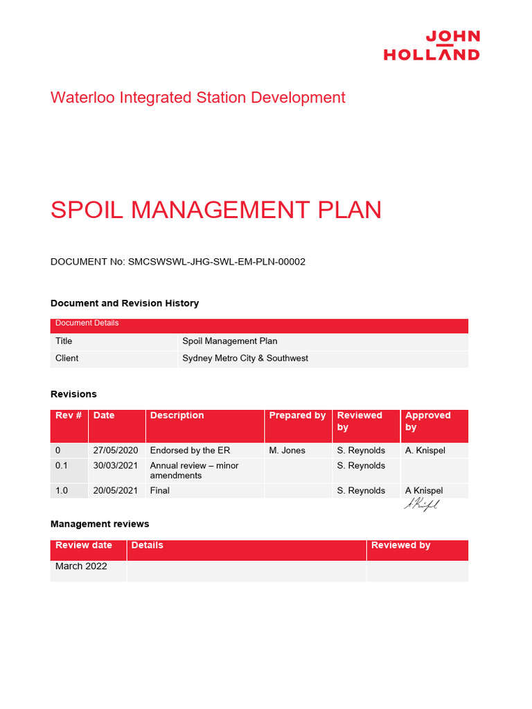 SMCSWSWL JHG SWL EM PLN 00002 Spoil Management Sub Plan - Rev 1.0 | PDF | Waste | Waste Management