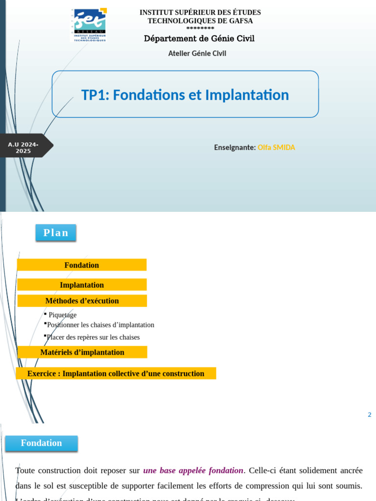 TP 1 - Fondations Et Implantation | PDF | Fondation (construction)