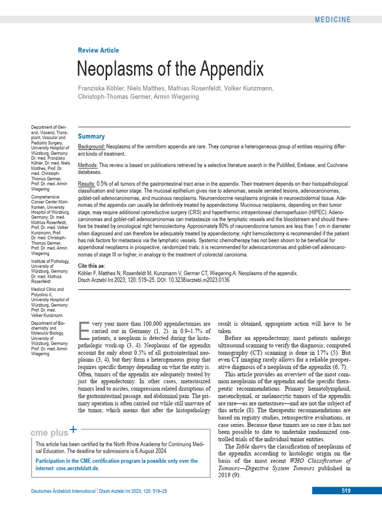 NEOPLASM OF THE APPENDIX | PDF | Metastasis | Colorectal Cancer