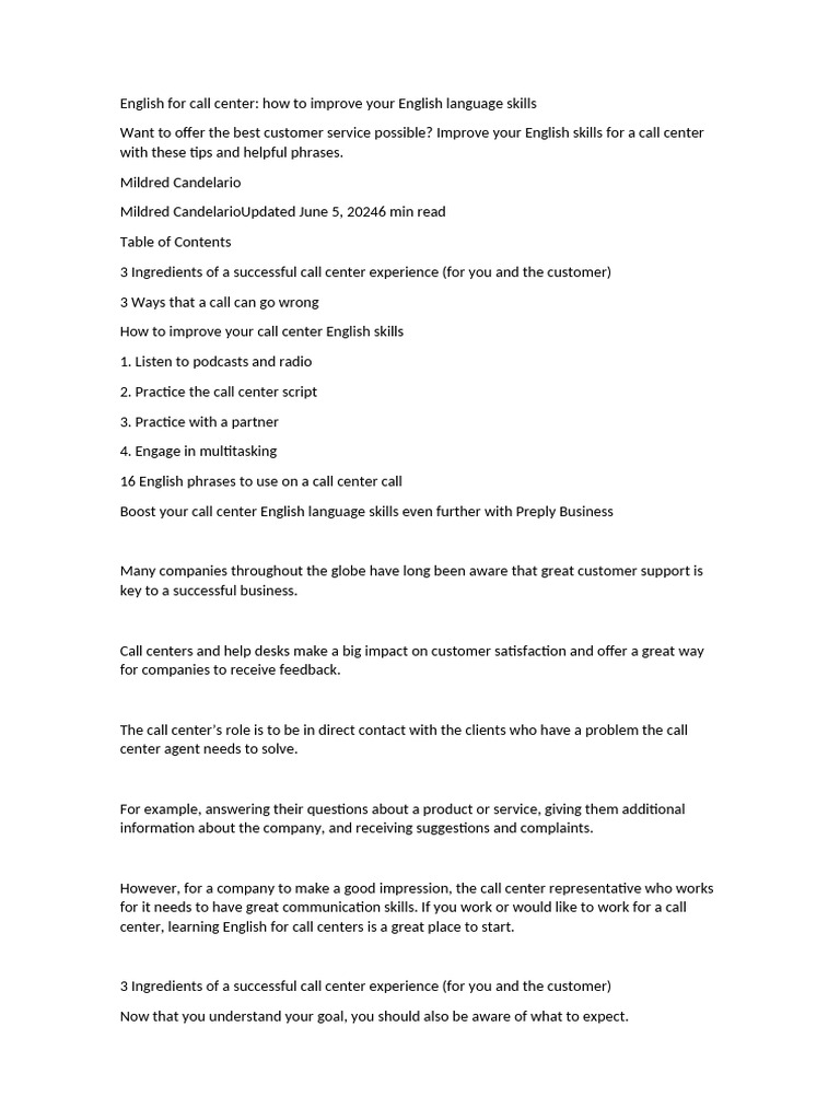 Call Center English Skills Improvement Guide | PDF | Interactive Voice ...