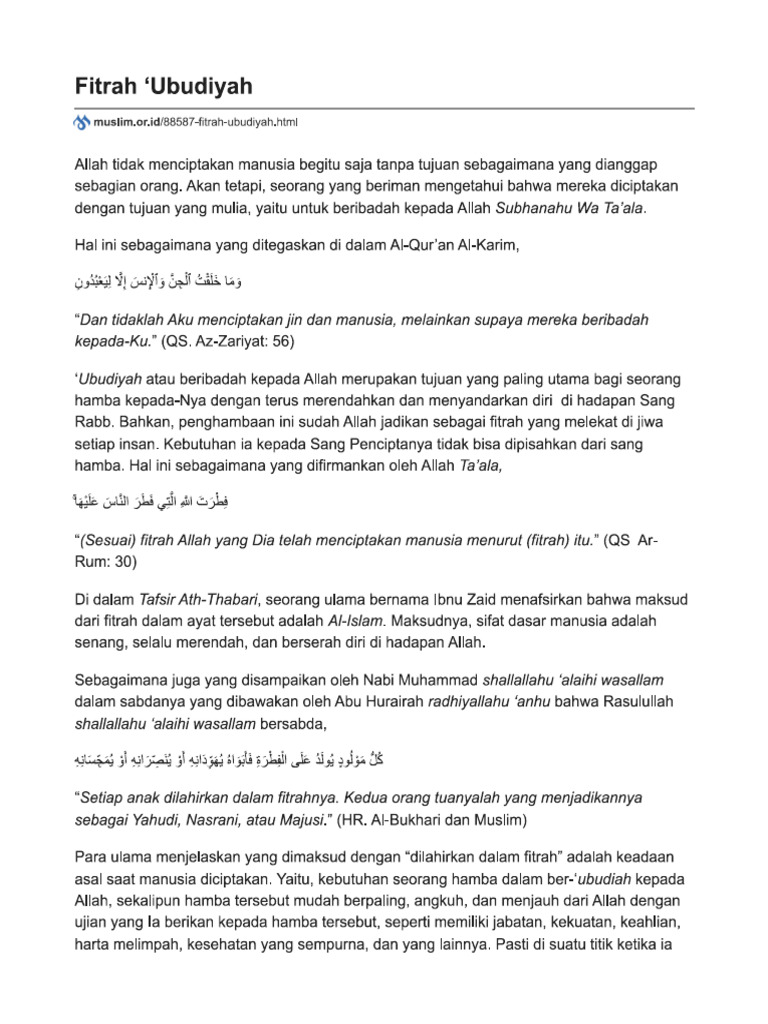 Fitrah Ubudiyah - Inilah Tujuan Utama Seorang Hamba | PDF