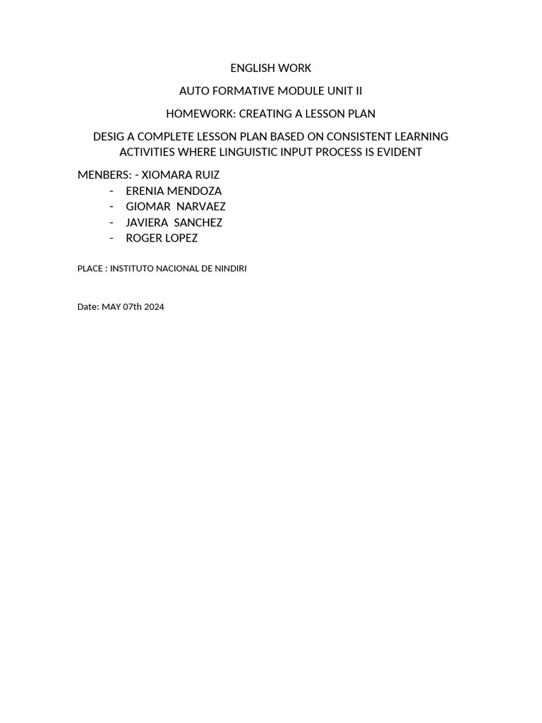 ENGLISH WORK Lesson Plan | PDF | Lesson Plan | Cognitive Science