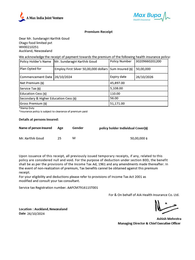 Health Insurance Premium Receipt | PDF | Finance & Money Management