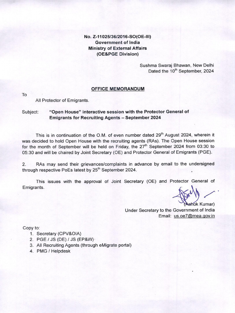 Office Memorandum On Open House - 10 September 2024 | PDF
