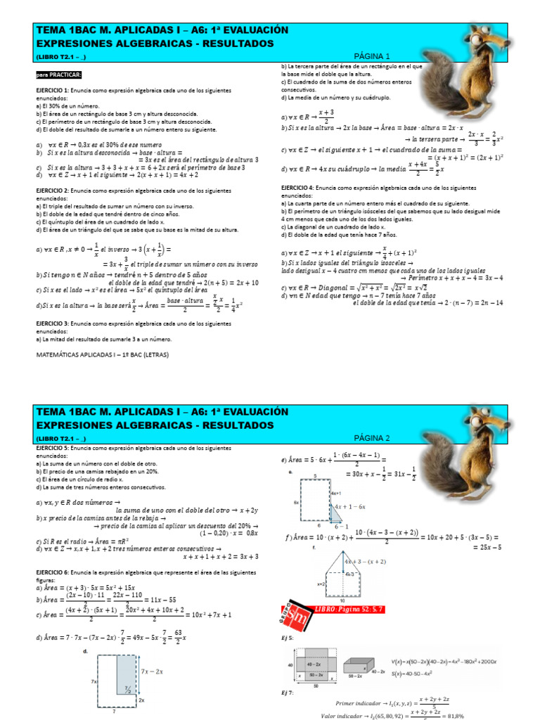 1 EV 1B APLIC - A8 EXP - ALGEBRAICAS Resultados | PDF | Triángulo | Geometría Elemental