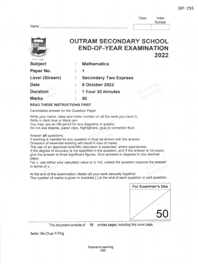 Outram Secondary Sec 2 Math EOY 2022 | PDF | Factorization | Mathematics