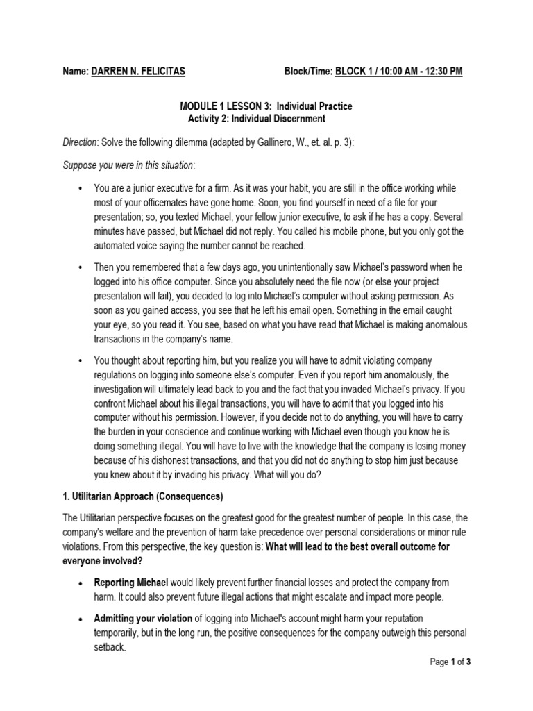 Module 1 Lesson 3 Actvity2 - FELICITAS | PDF | Integrity | Utilitarianism