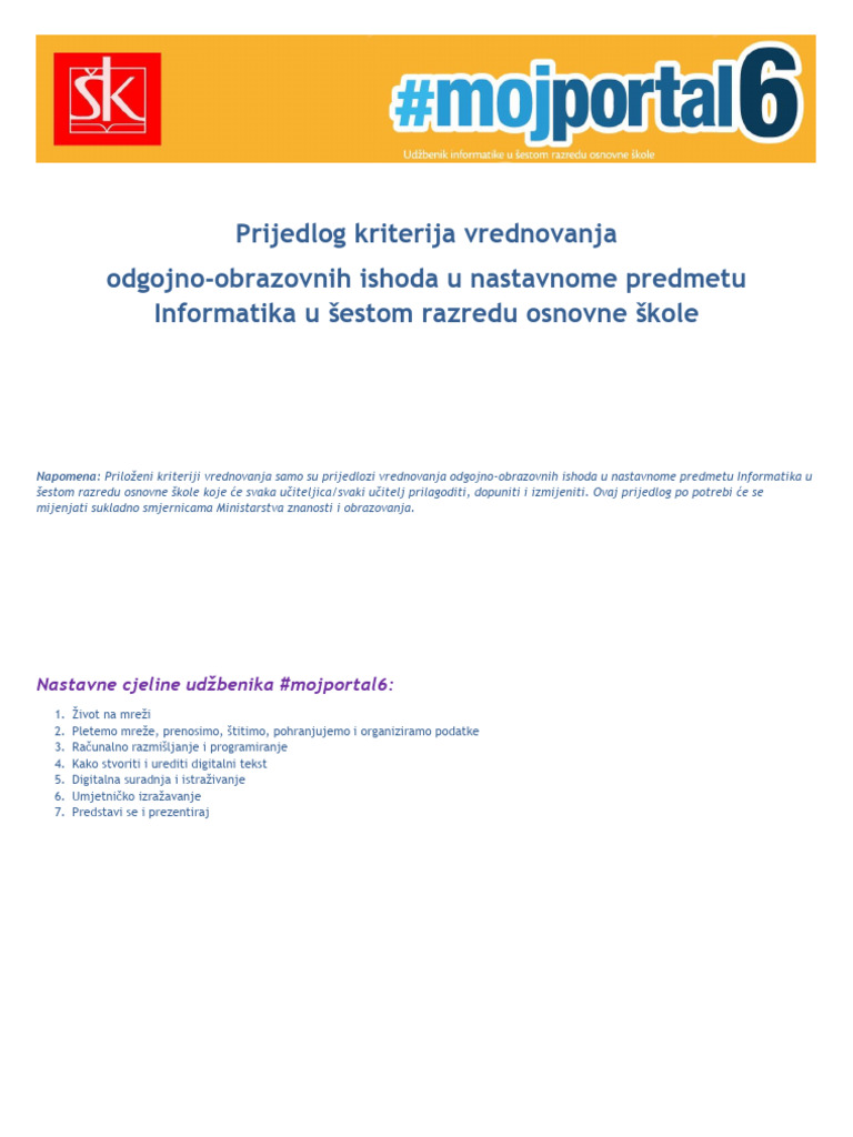 Kriteriji Vrednovanja 6.razred Informatika | PDF
