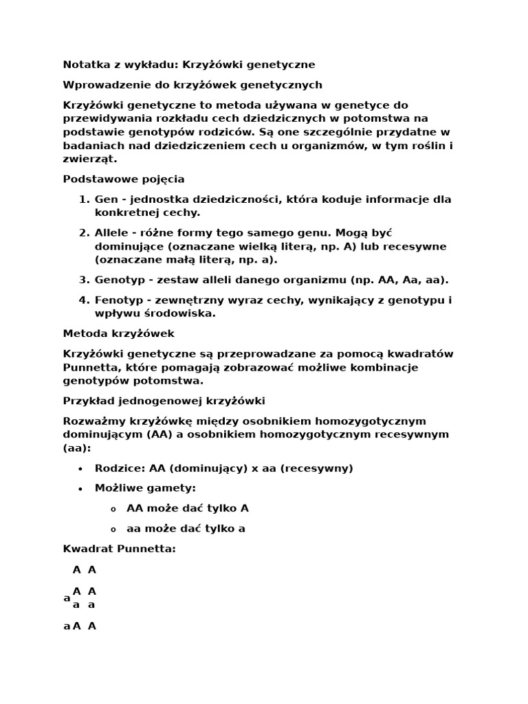 Notatka Z Wykładu - Krzyżówki Genetyczne | PDF