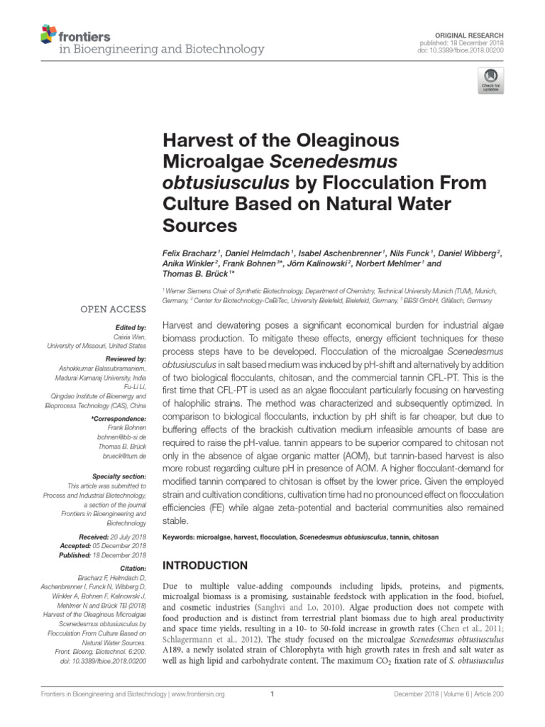 Bracharz 2018 Harvest of The Oleaginous Microalga | PDF | 16 S Ribosomal Rna