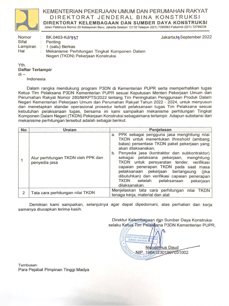 Surat Mekanisme Perhitungan TKDN Pekerjaan Konstruksi | PDF