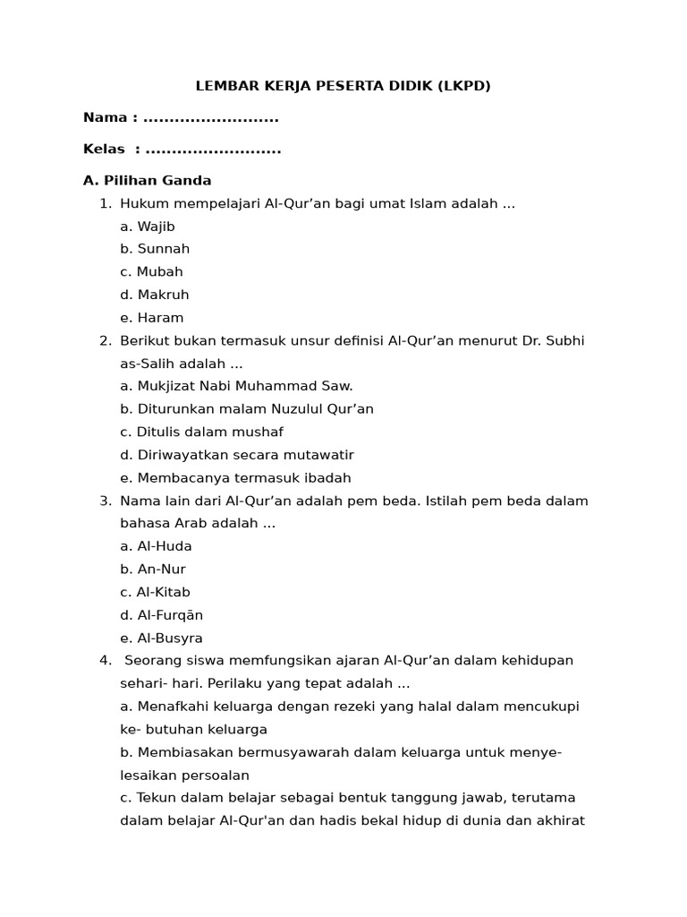 LKPD Al-Qur'an Hadits | PDF | Ilmu Sosial | Kajian Bahasa Asing