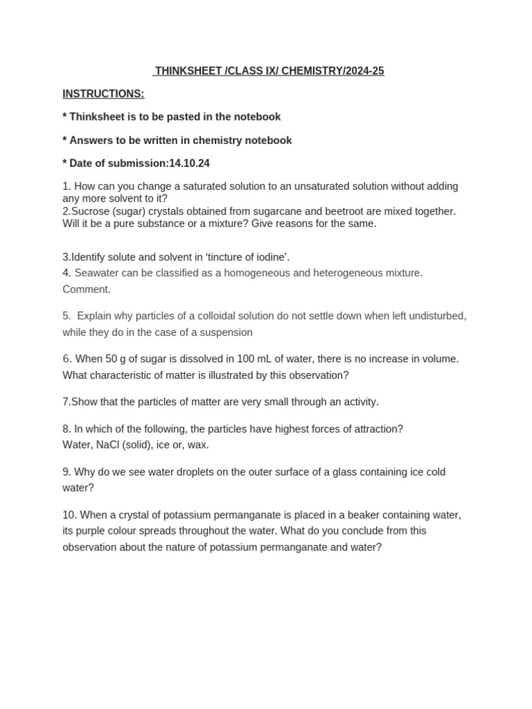 AUTUM BREAK THINKSHEET CLASS IX CHEMISTRY | PDF