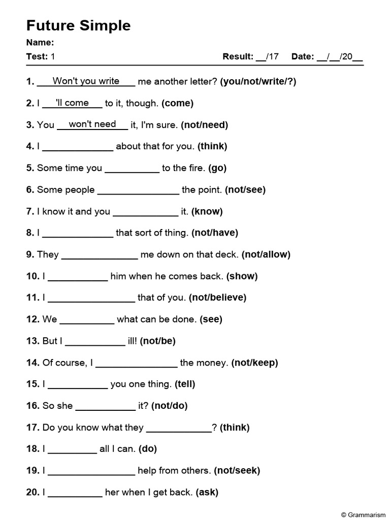 Grammarism Future Simple Test 1 1690138 | PDF | Language Arts & Discipline