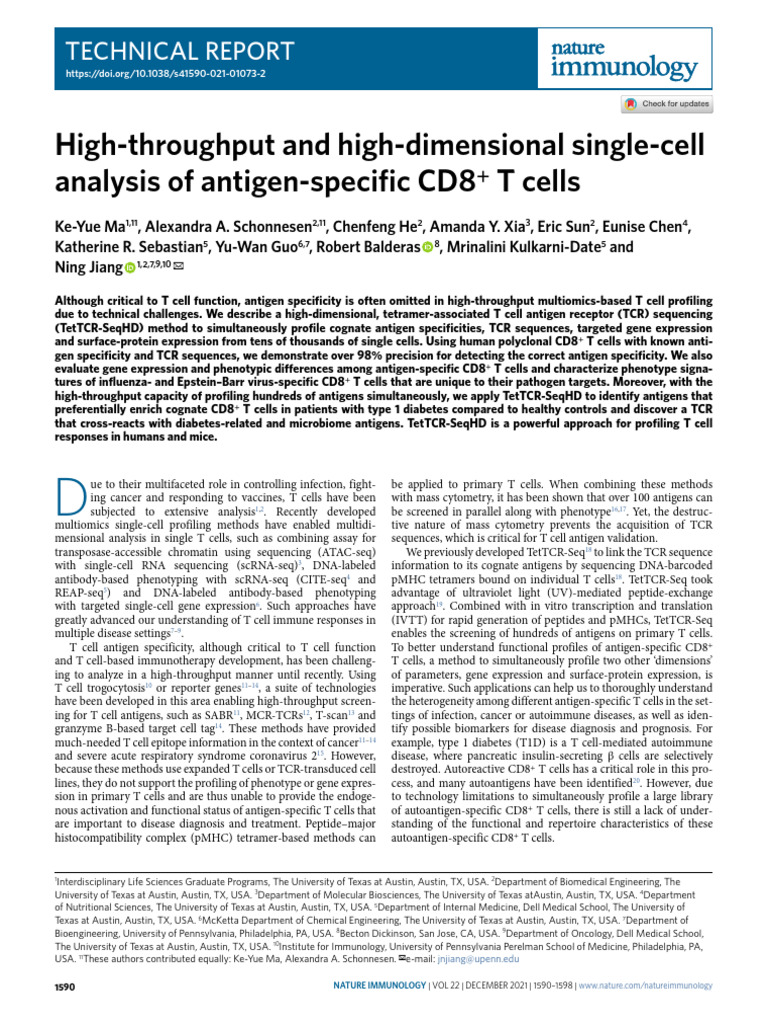 High Throughput And High Dimensional Single Cell Analysis Of Antigen Specific Cd8 T Cells Pdf