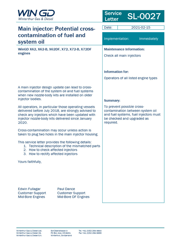 Main Injector Cross-Contamination Alert | PDF | Rivet | Fuel Injection