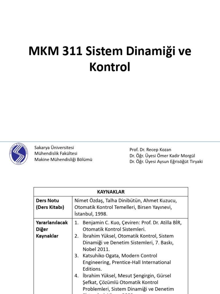 MKM 311 Sistem Dinami I Ve Kontrol - 1 - Giri | PDF