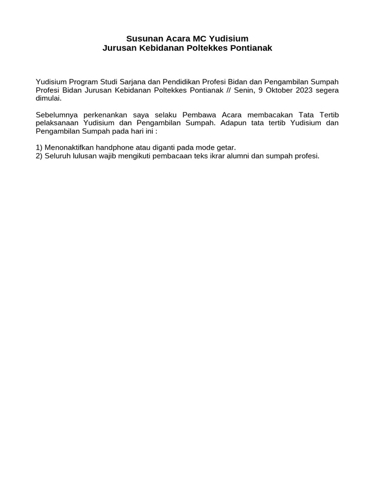 Teks MC Yudisium Kebidanan Poltekkes | PDF