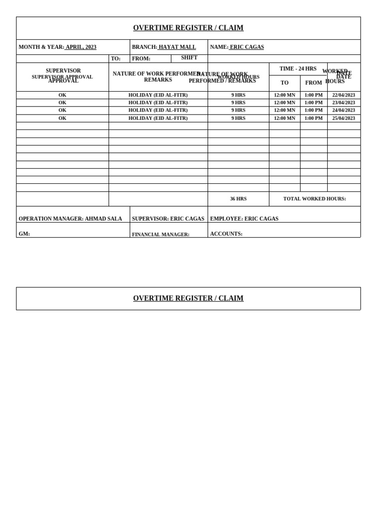 OVERTIME APRIL, 2023 | PDF | Working Time | Employment Compensation