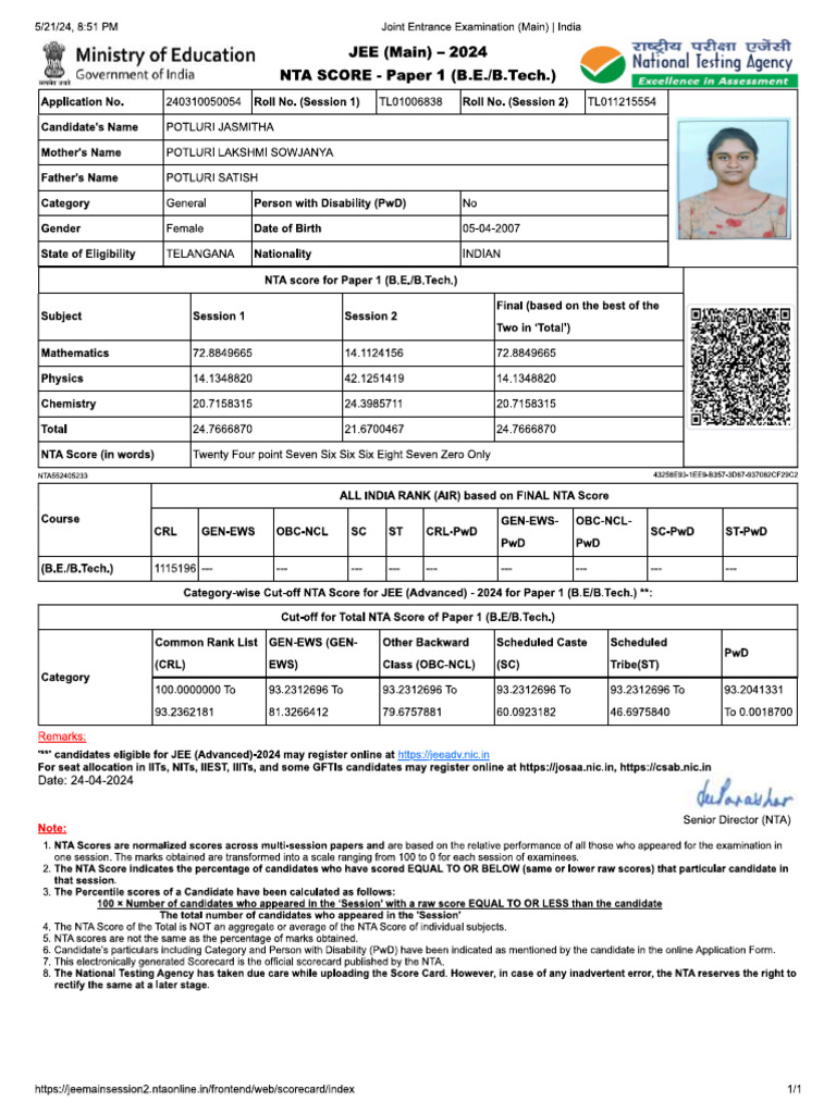 Jee Marksheet | PDF