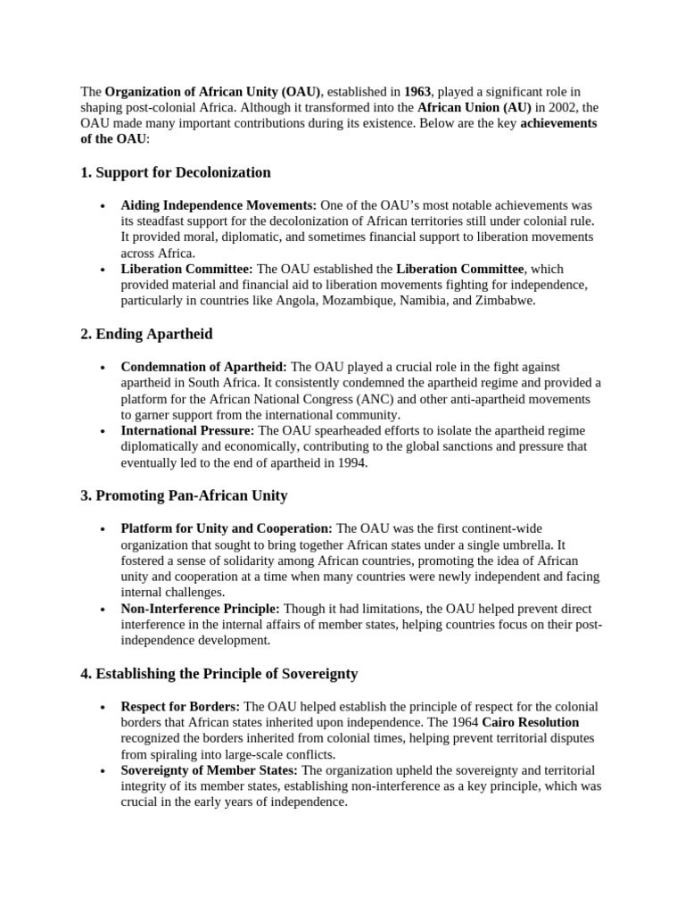 Achievements of the Organization of African Unity | PDF | African Union ...