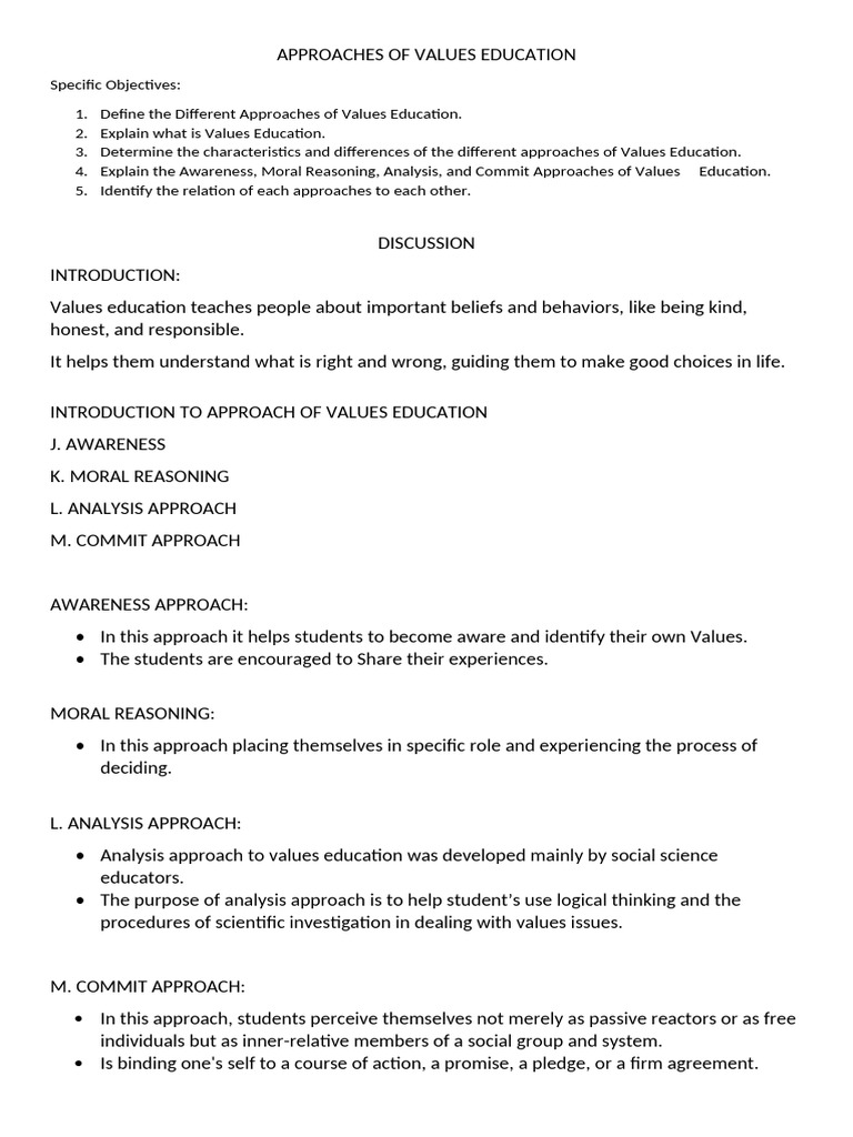 APPROACHES OF VALUES EDUCATION FINAL HANDOUT | PDF
