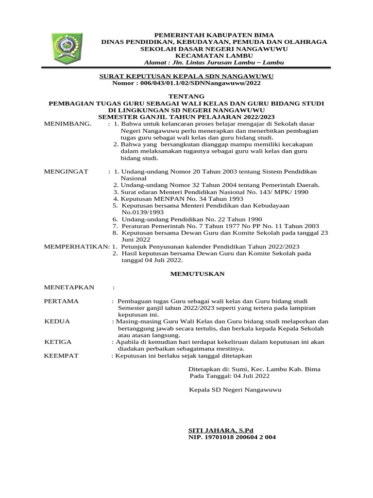 SK Pembagian Tugas 2022 2023 Semester 1 | PDF