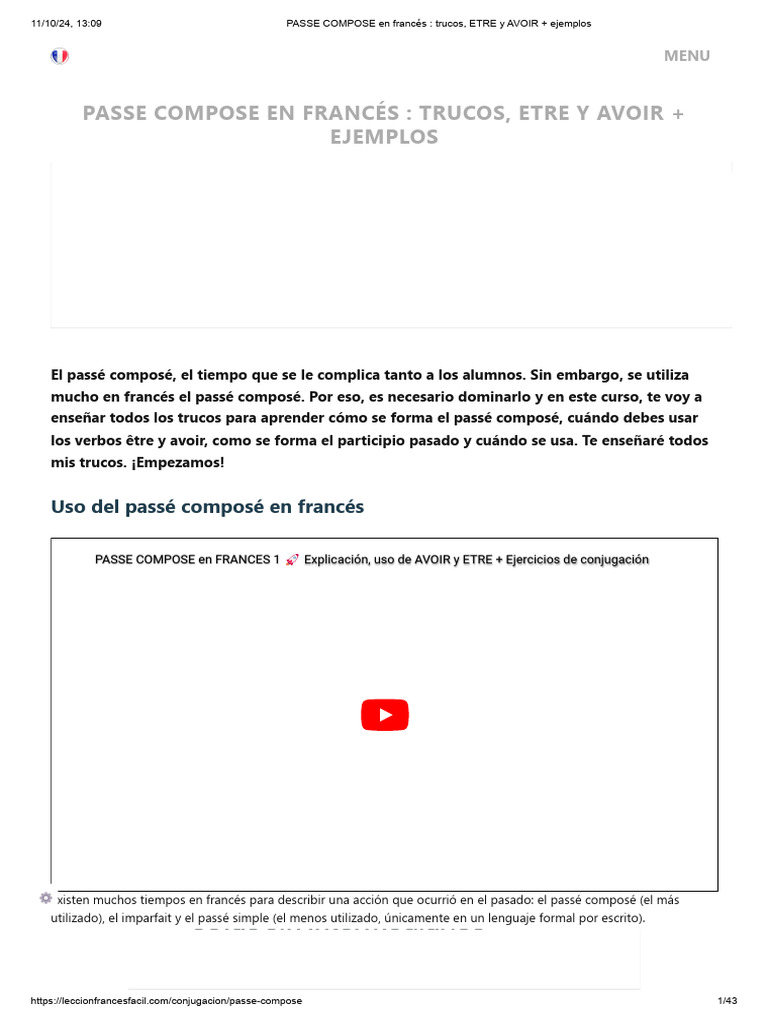 PASSE COMPOSE en Francés - Trucos, ETRE y AVOIR + Ejemplos | PDF ...