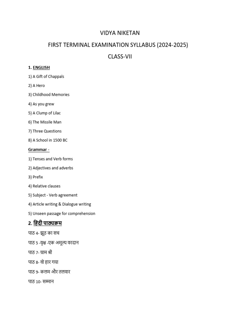 Class VII HALF YEARLY SYLLABUS. | PDF