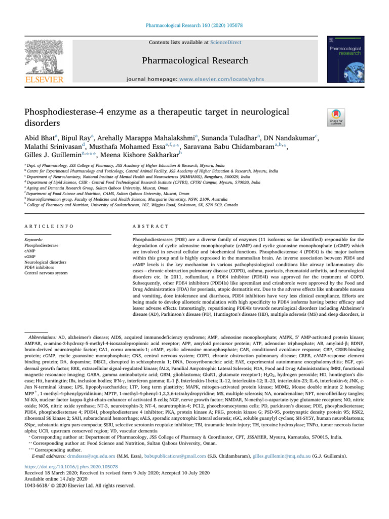 2020 Phosphodiesterase-4 Enzyme As A Therapeutic Target in Neurological ...