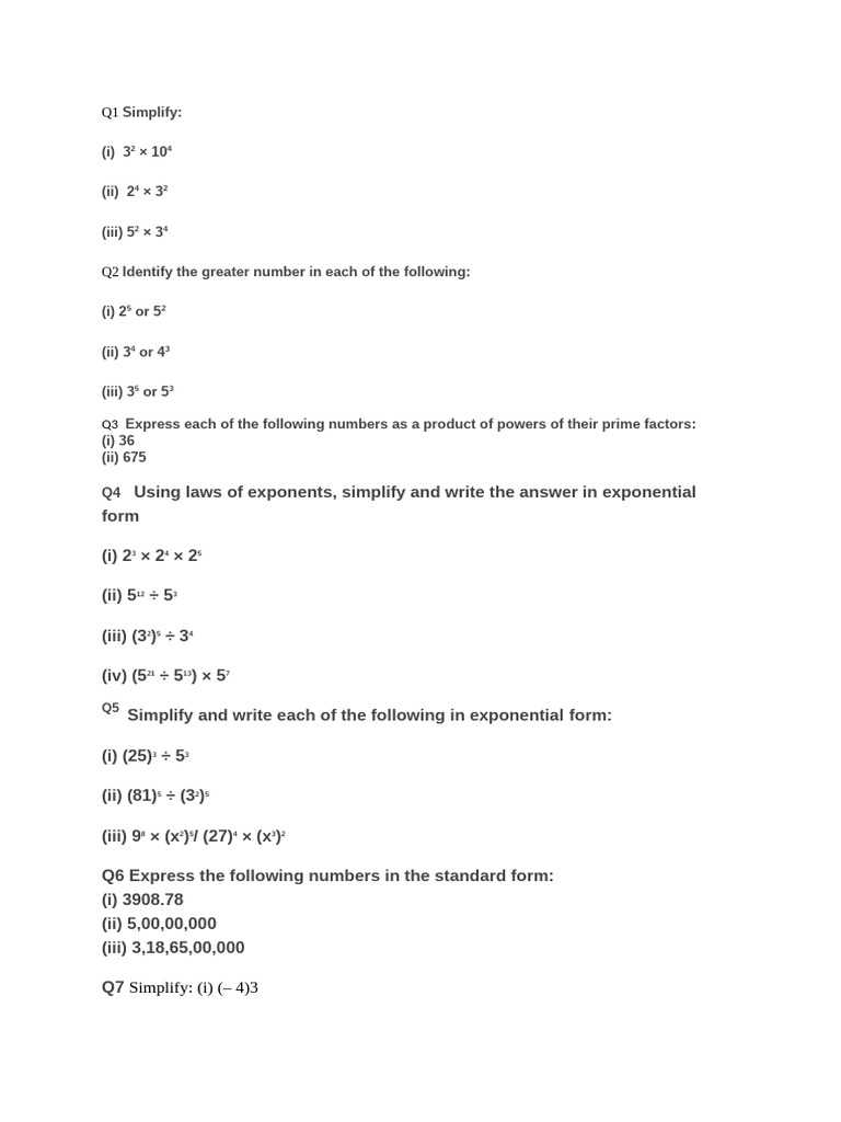 Exponent Test Practice Questions | PDF