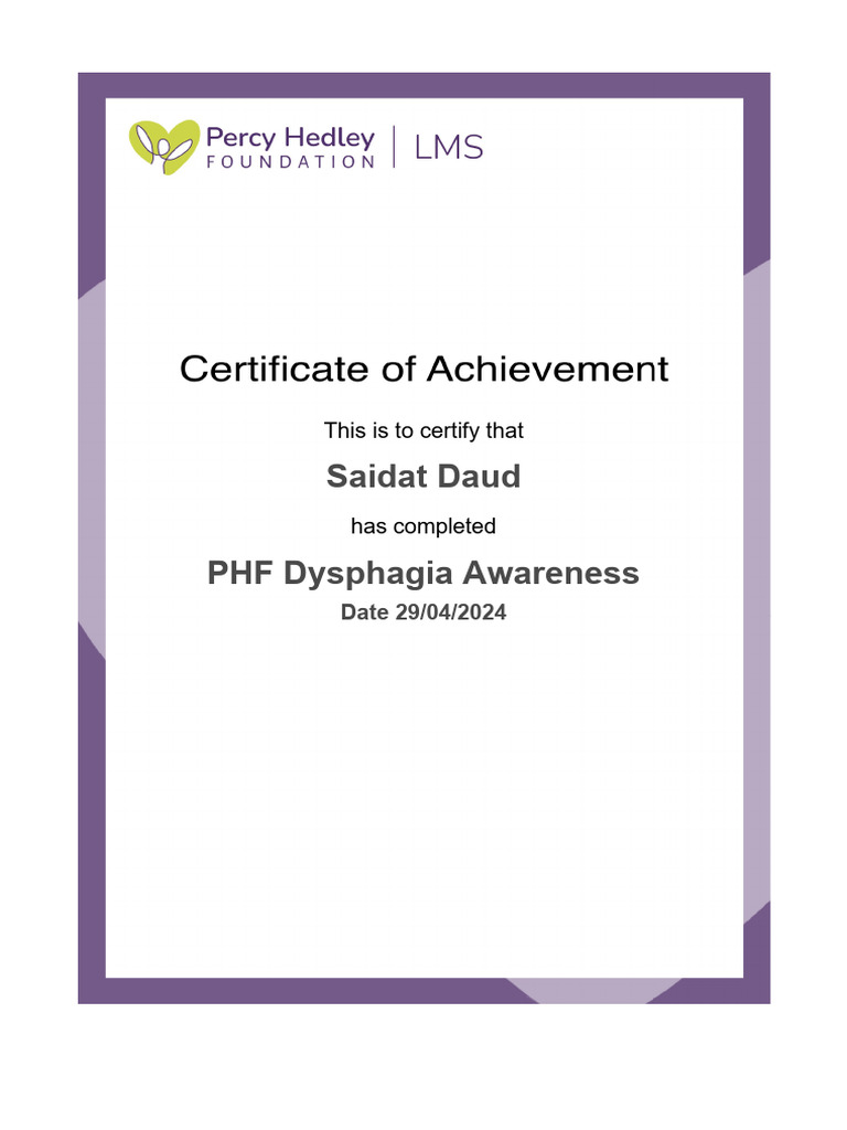 PHF Dysphagia Awareness - Certificate | PDF